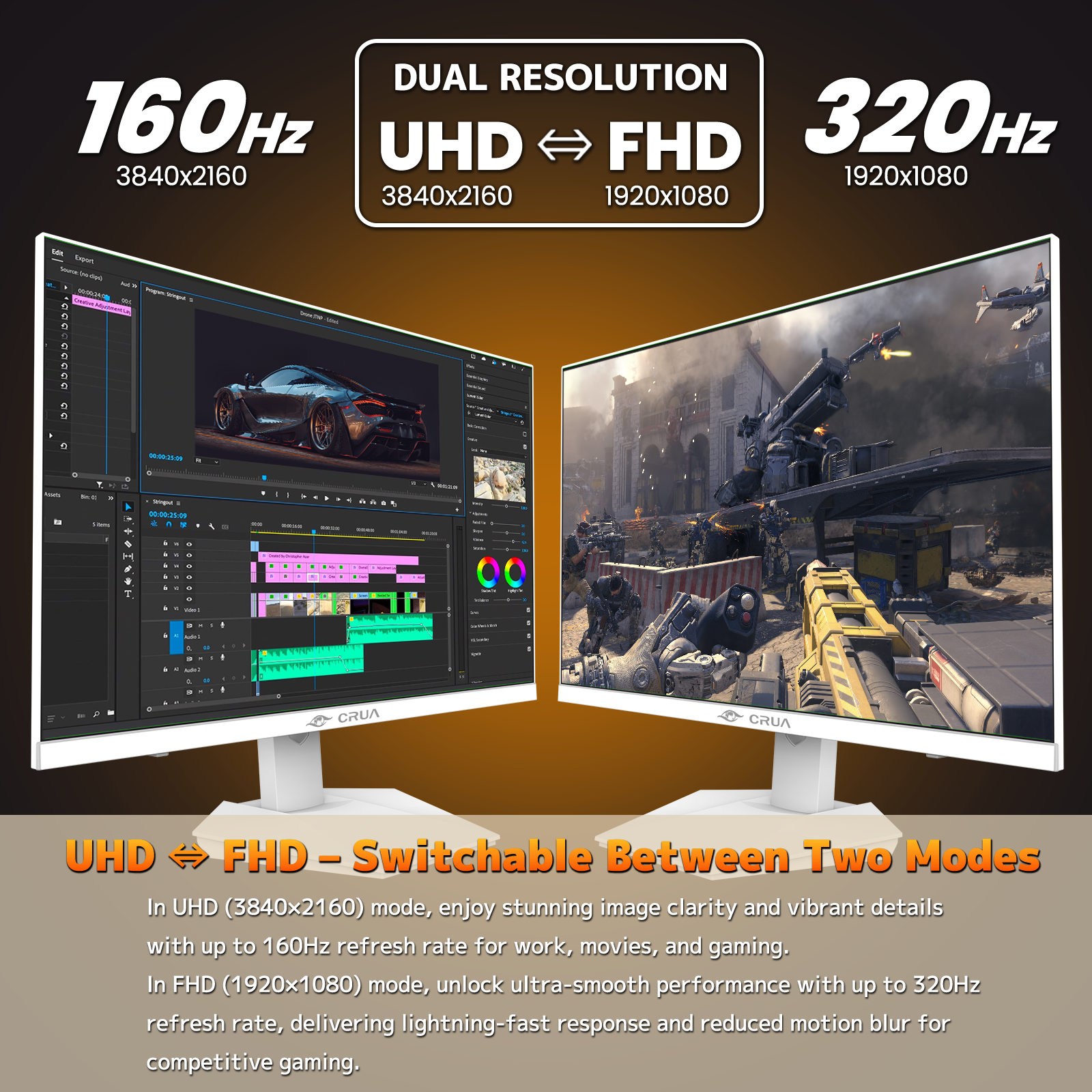 CRUA 27” Gaming Monitor, UHD (3840x2160) Dual Mode (4K 160Hz or FHD 32 ...