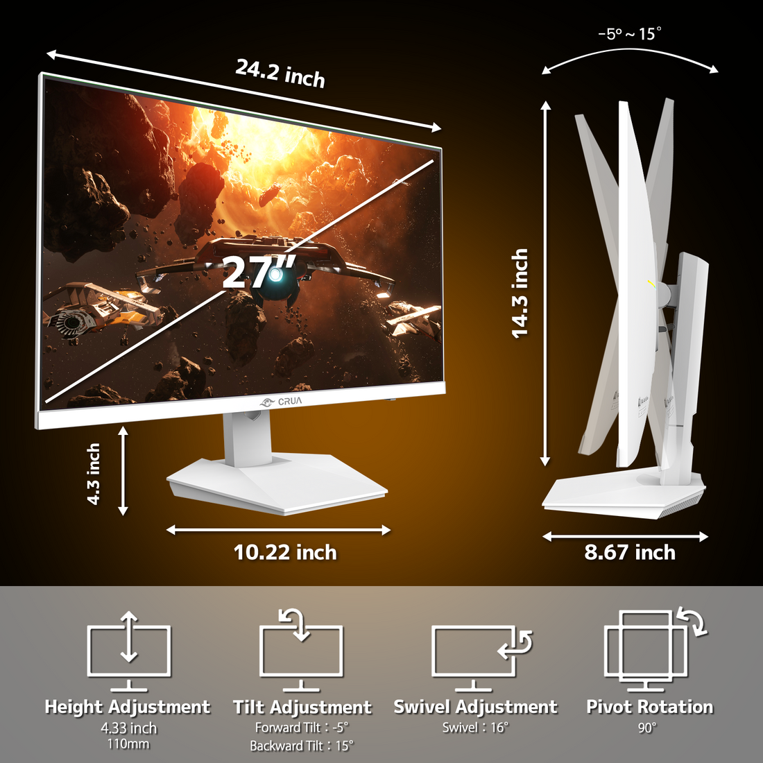 CRUA 27” Gaming Monitor, UHD (3840x2160) Dual Mode (4K 160Hz or FHD 32 ...